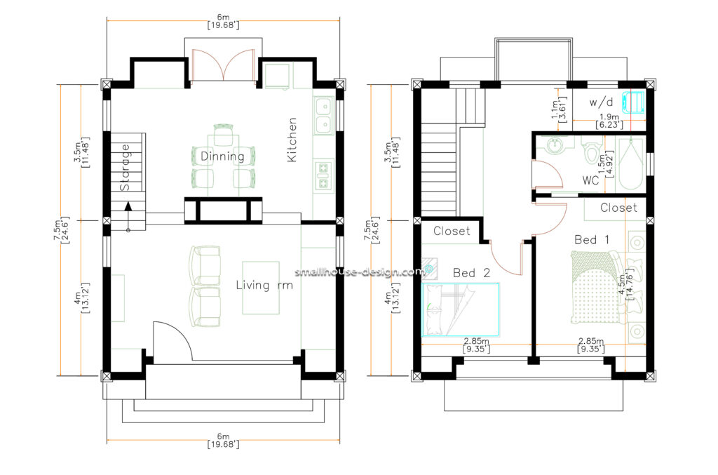 Small House Design 6x7.5 Meters 45 sqm 2 Beds - Small House Design Plan