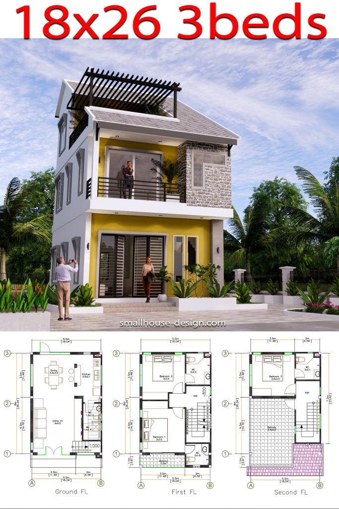 18x26 Small House Plan 3 Beds 3 Story Levels - Small House Design Plan