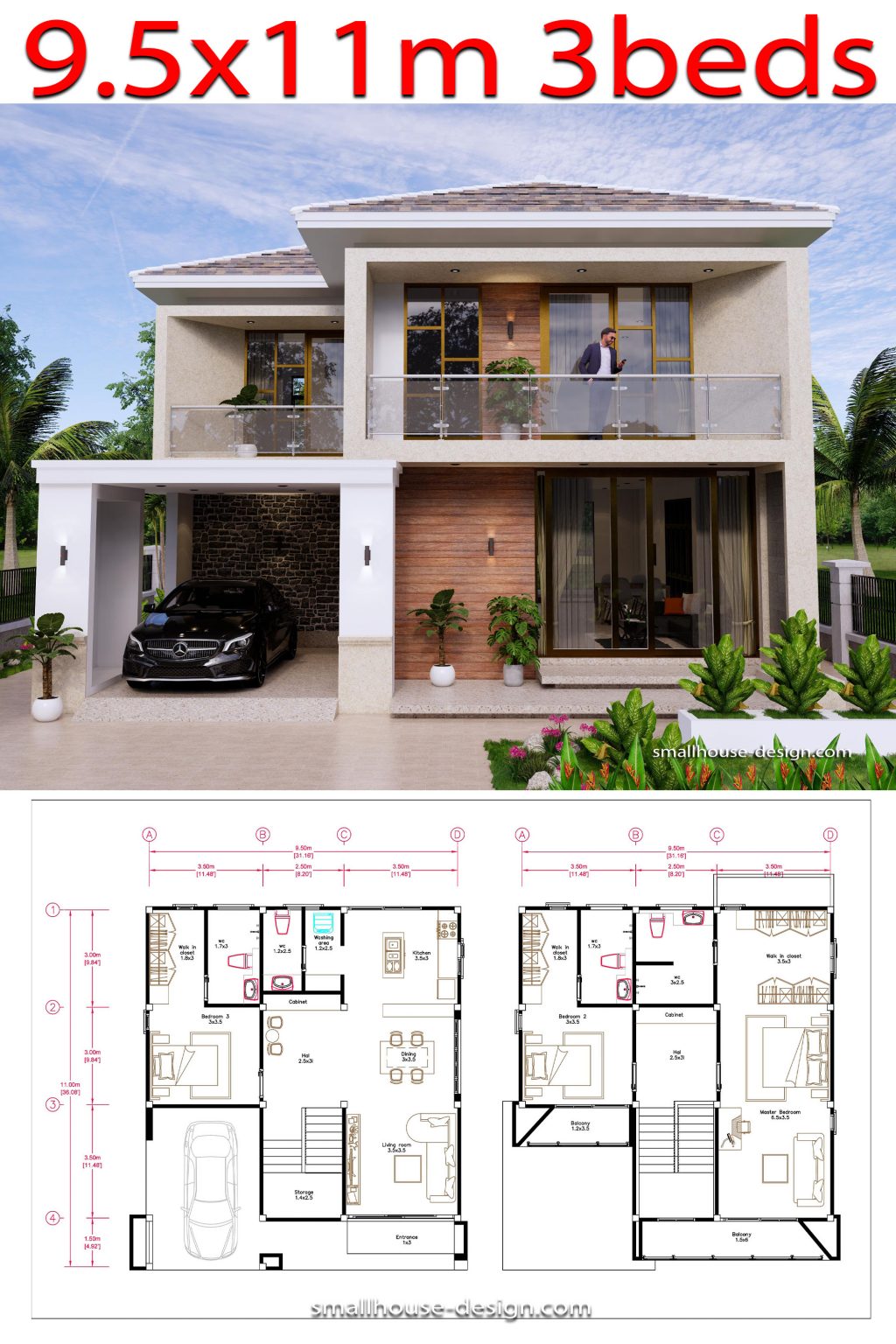 31x36 Small House Plan 9.5x11 M with 3 Bedrooms - Small House Design Plan