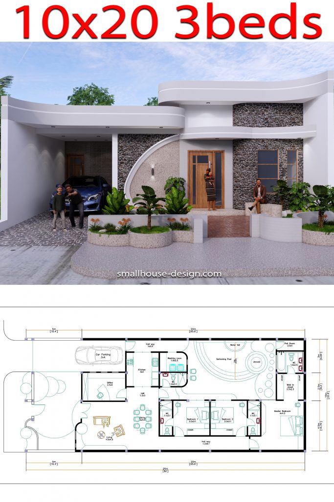 House Plans Plot 10x20 Meter with Swimming Pool - Small House Design Plan