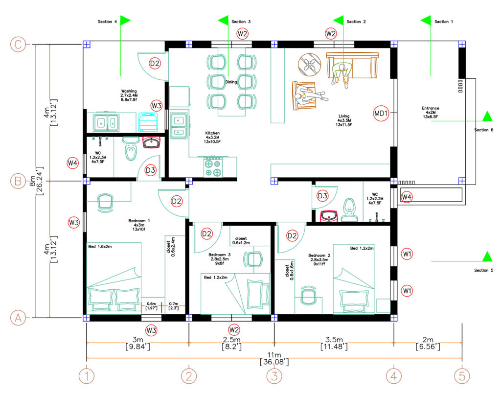 House Plan 8x11 with 3 Beds 2 Baths Hip Roof - Small House Design Plan