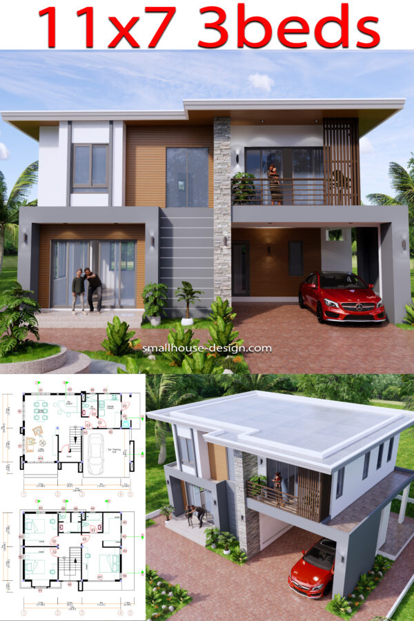 3 Bedrooms House Design 11x7 Meter Flat Roof - Small House Design Plan