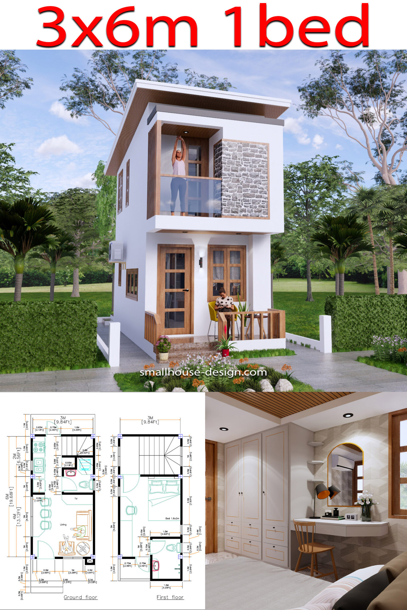 Two Storey Tiny House Plan 3x6 Meter Shed Roof - Small House Design Plan