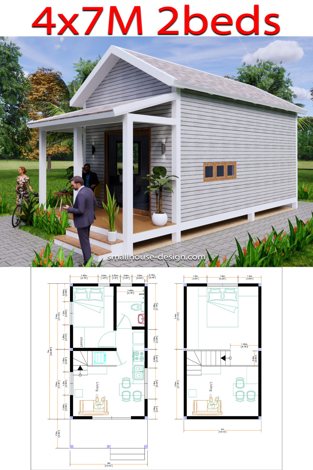 13x23 Loft House Plan 4x7 Meter 2 Beds 1 Bath Gable Roof Free House ...