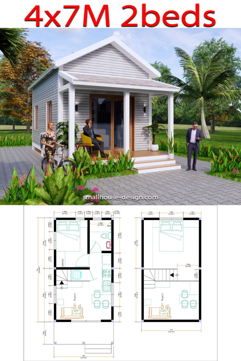 13x23 Loft House Plan 4x7 Meter 2 Beds 1 Bath Gable Roof Free House ...