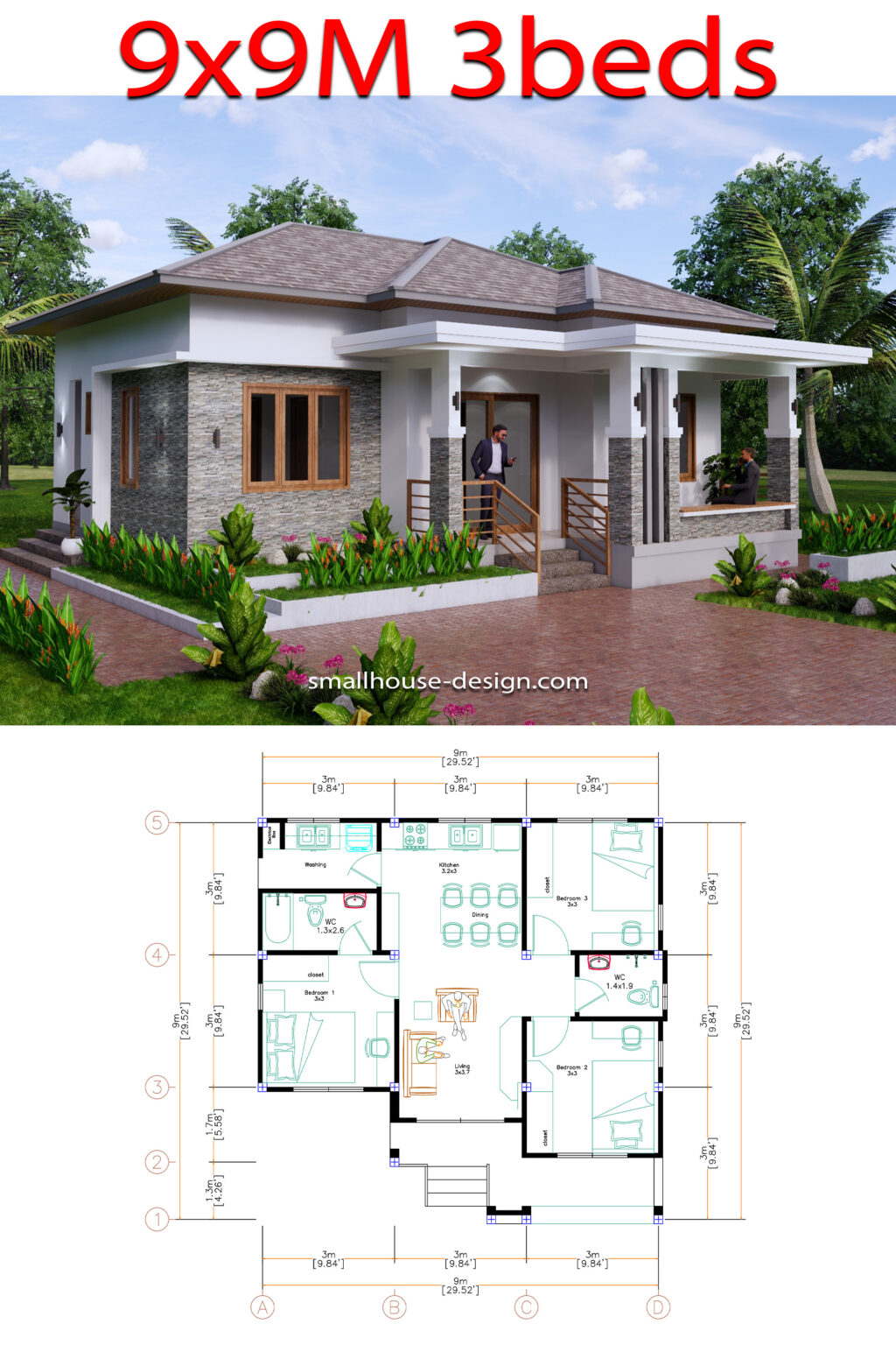 30x30 Custom House Plan 9x9 Meter 3 Beds 2 Baths Hip Roof - Small House ...
