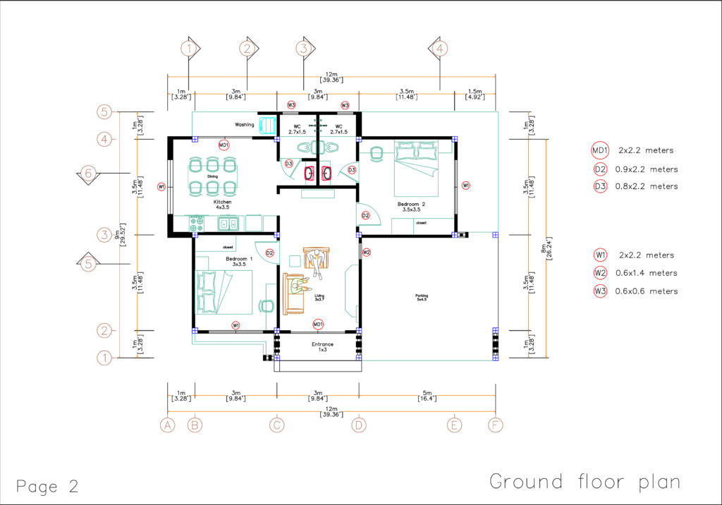 House Plans 12x9 Meter 2 Beds 2 Baths Gable Roof Full Plans - Small ...