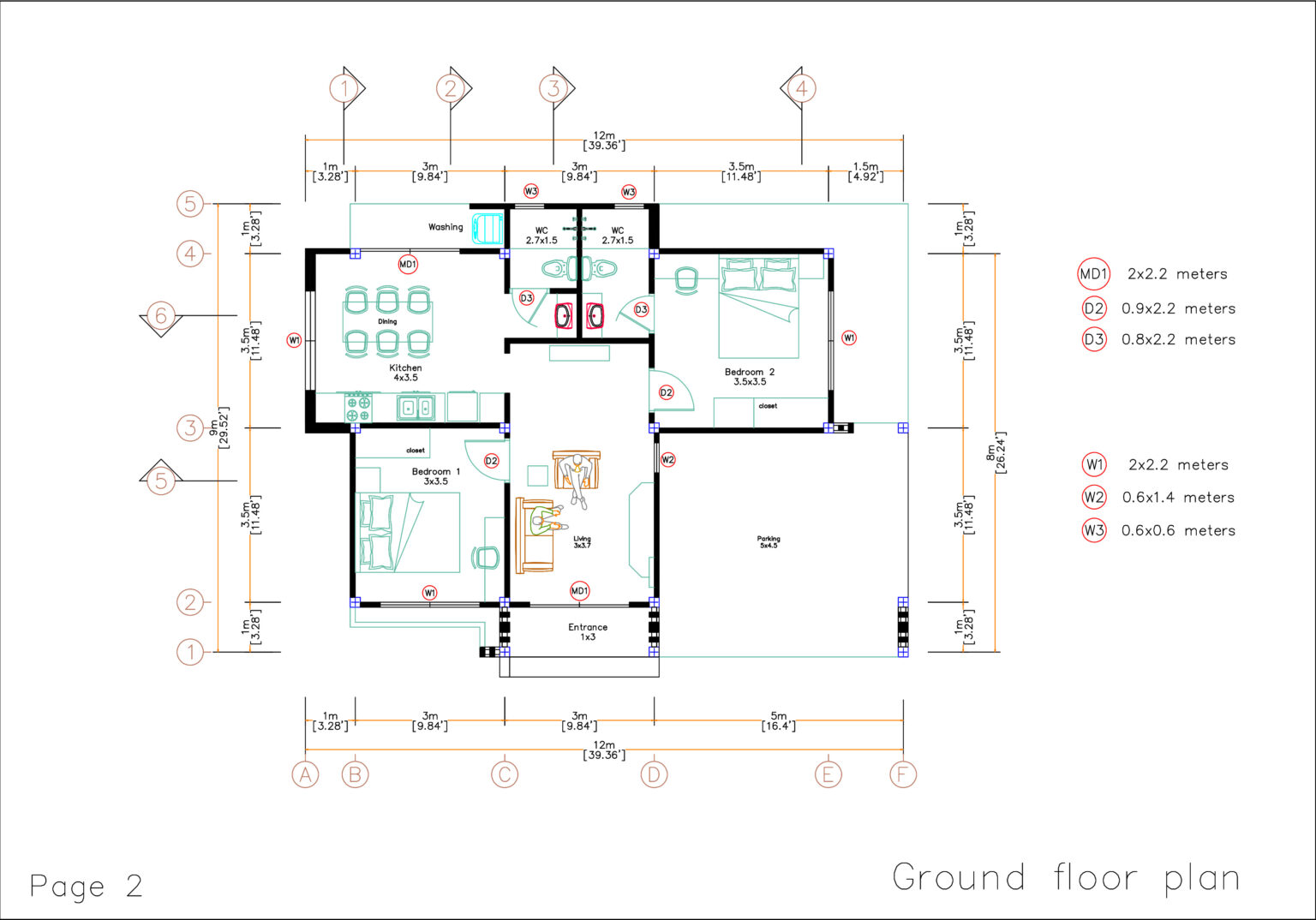 House Plans 12x9 Meter 2 Beds 2 Baths Gable Roof Full Plans - Small ...