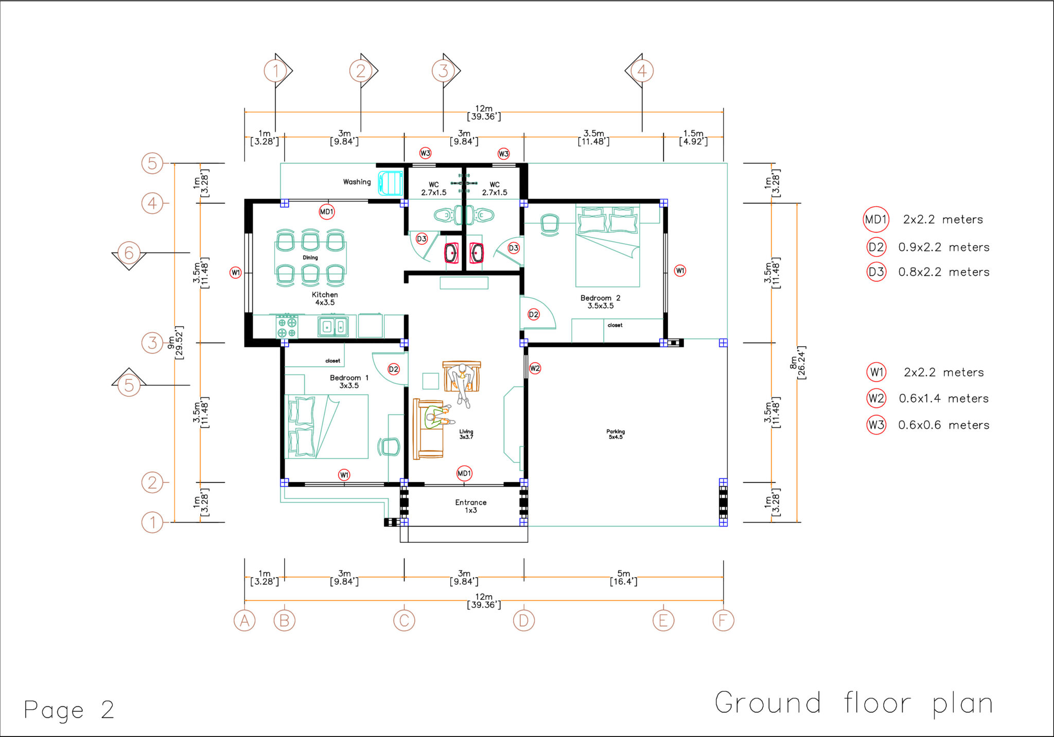 House Plans 12x9 Meter 2 Beds 2 Baths Gable Roof Full Plans - Small ...