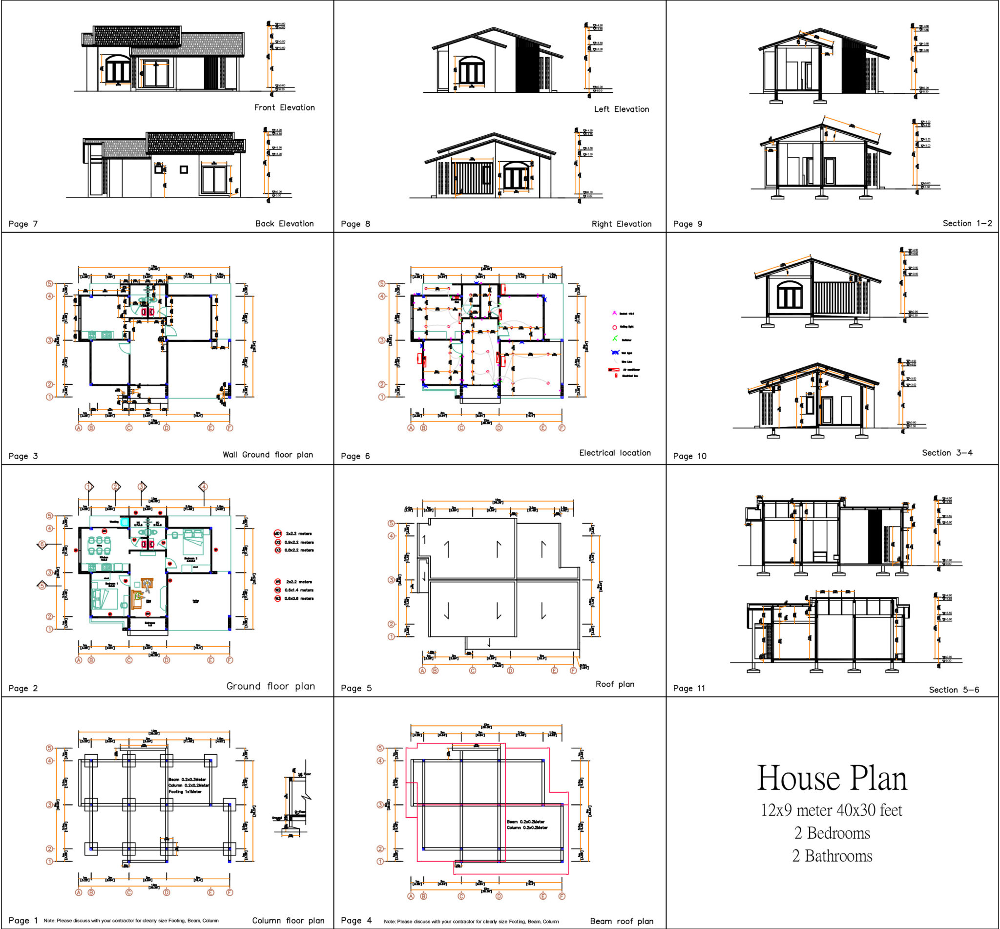 House Plans 12x9 Meter 2 Beds 2 Baths Gable Roof Full Plans - Small ...